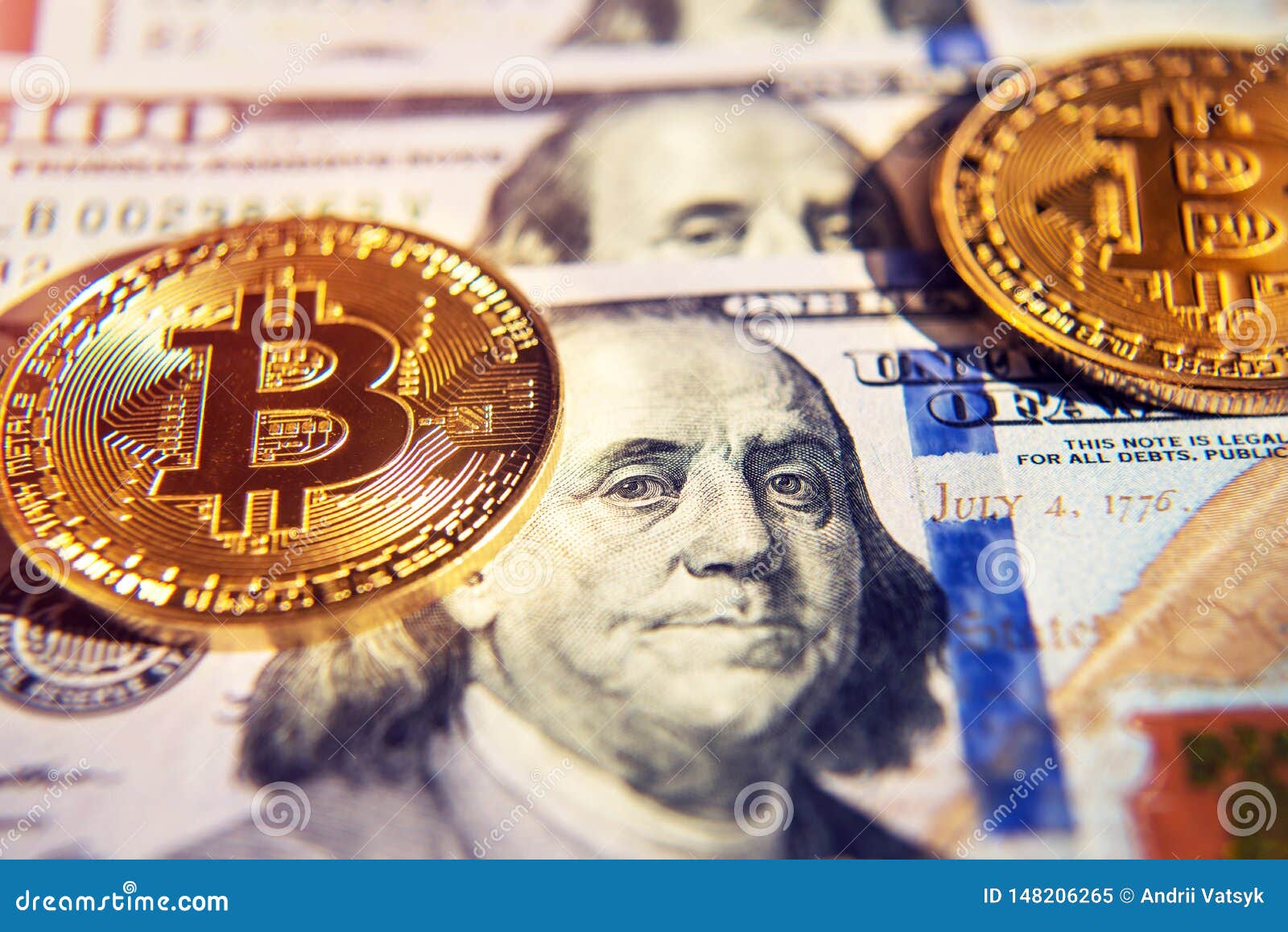 Two Bitcoins on Dollar Bills Investment, Course Change - Concept Stock ...