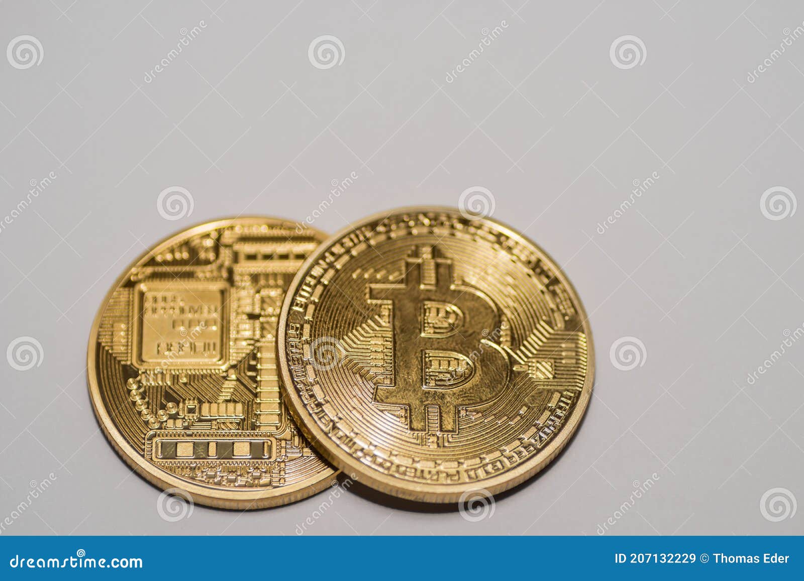 Two Bitcoins with Front and Back Side View on Gray Stock Image - Image ...