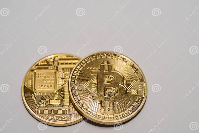 Two Bitcoins with Front and Back Side View on Gray Stock Image - Image ...