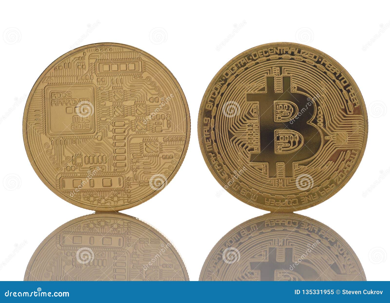 Two BitCoins on White with Reflection, Front and Back Sides Stock Image ...