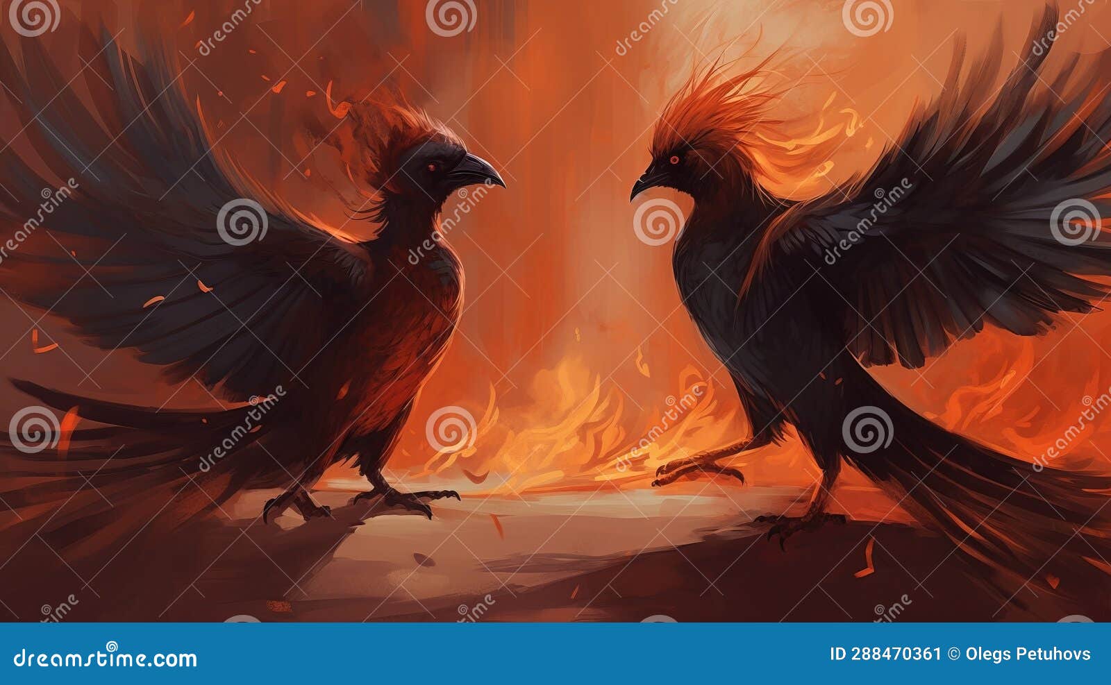 Two Black Birds Facing Each Other in Front of a Fire Stock Illustration ...