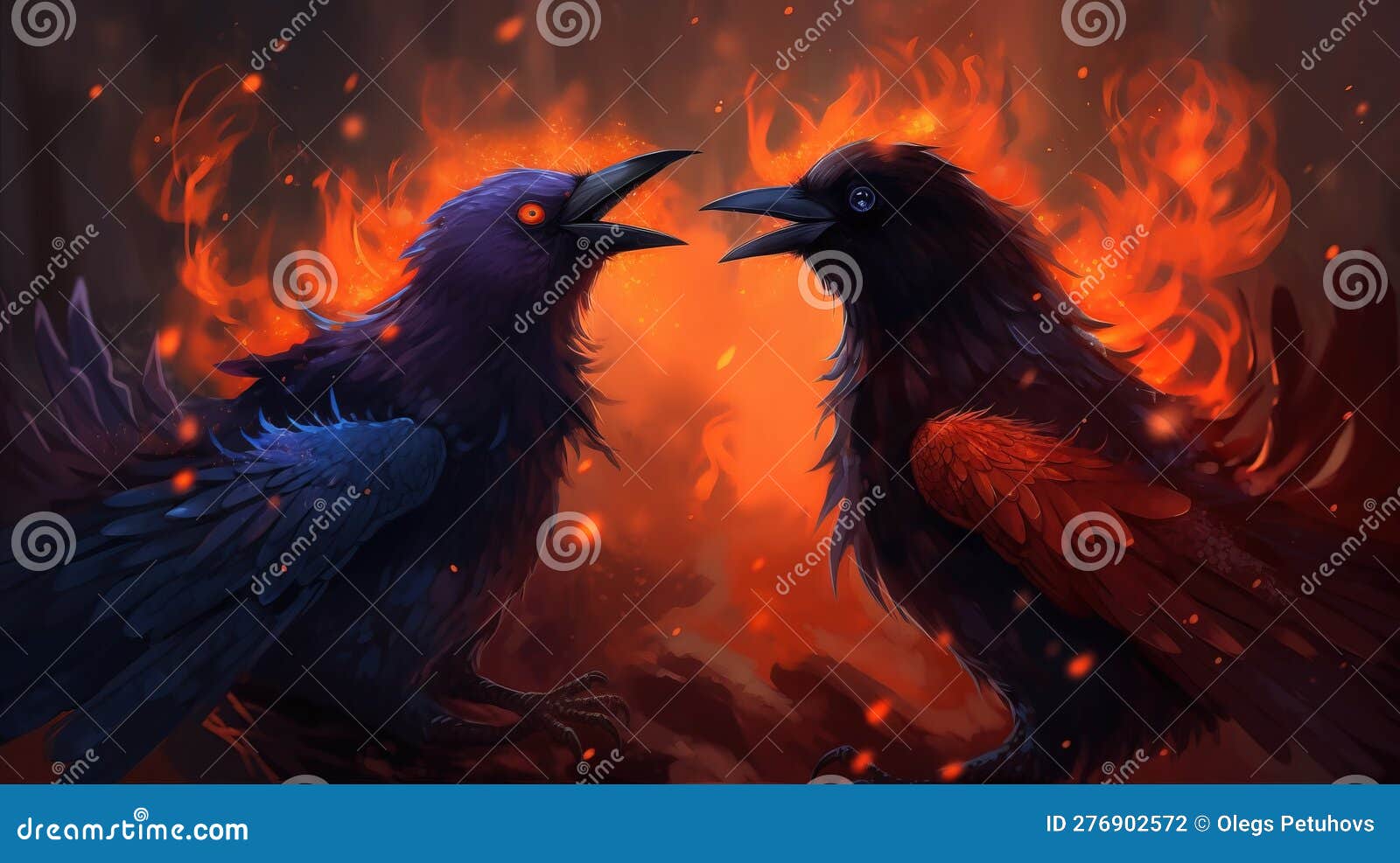 Two Black Birds Sitting Next To Each Other on a Fire Stock Illustration ...