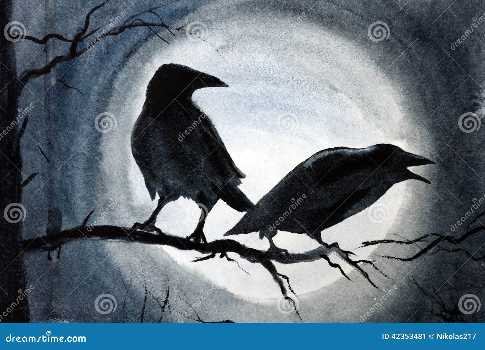 Two Black Crows on a Branch Stock Illustration - Illustration of ...