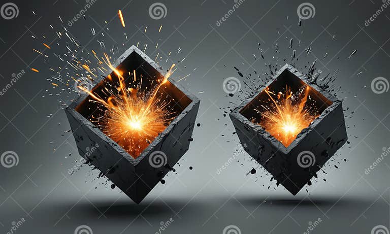 Two Black Cubes with Orange Sparks Burst from Their Centers, Creating ...