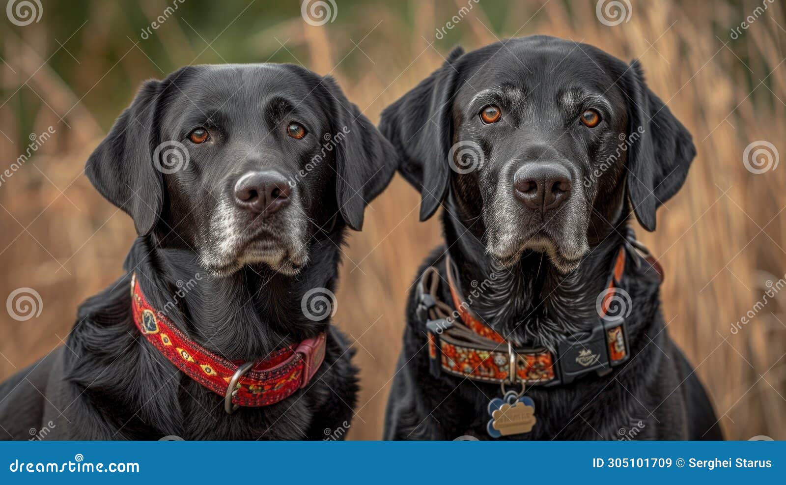 Two Black Dogs with Collars Standing Next To Each Other, AI Stock Image ...