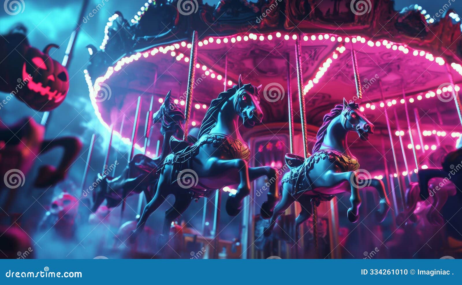 Two Black Horses on a Neon-Lit Carousel Stock Illustration ...