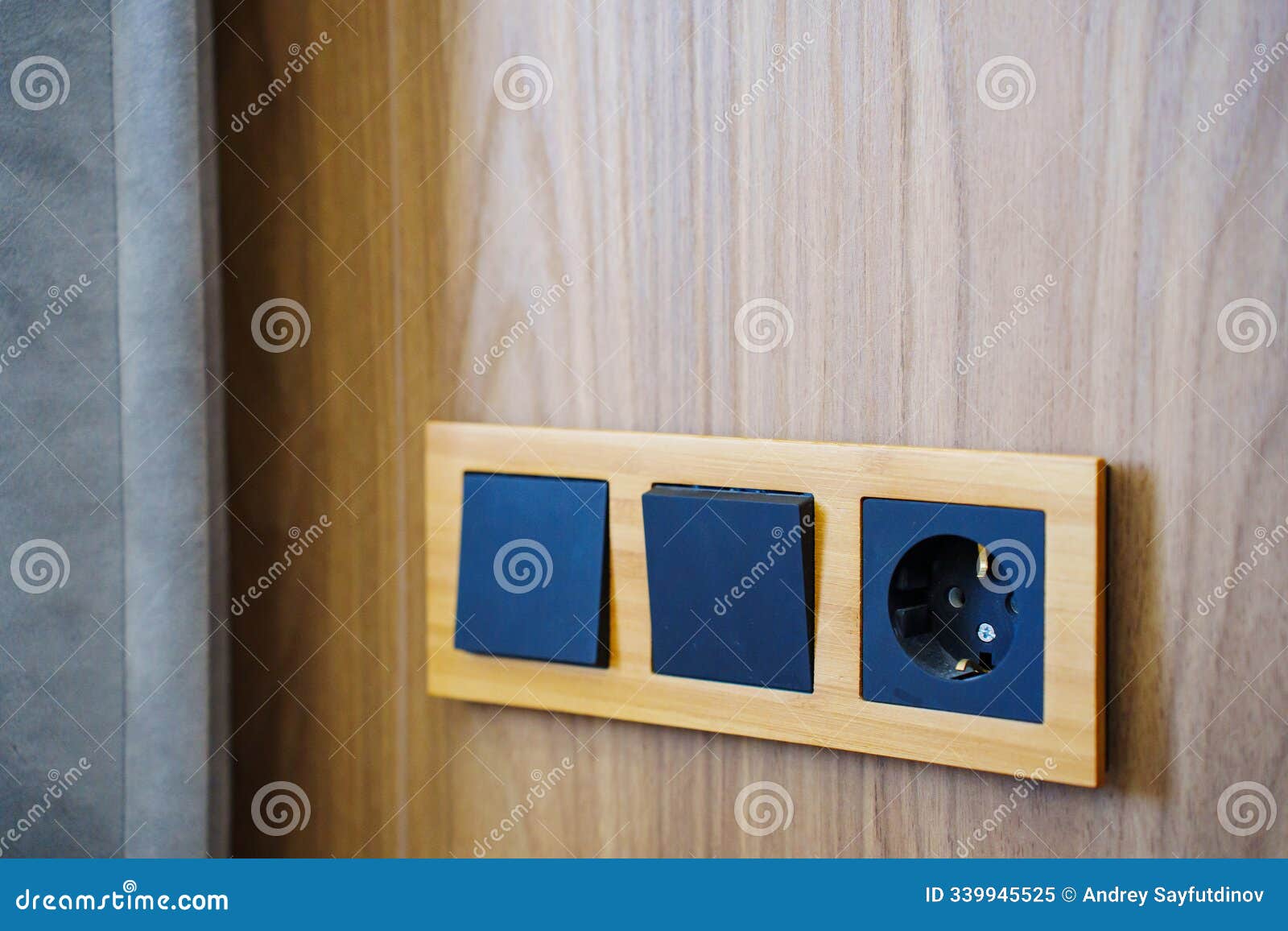 Two Black Light Switches and a Socket in a Wooden Frame. Stock Image ...
