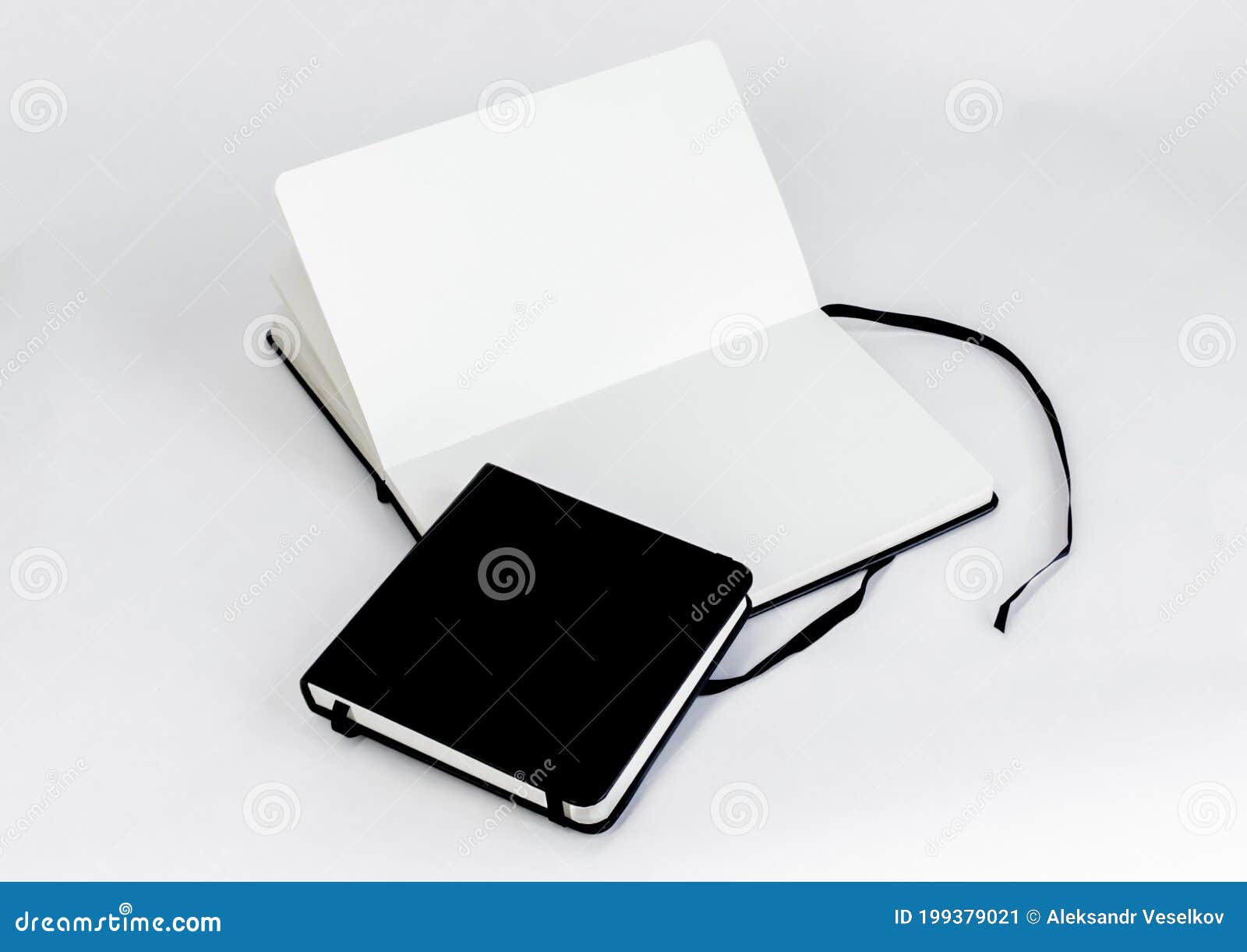 Two Black Notebooks. Small Closed Square Notepad and Large Open Unfold ...