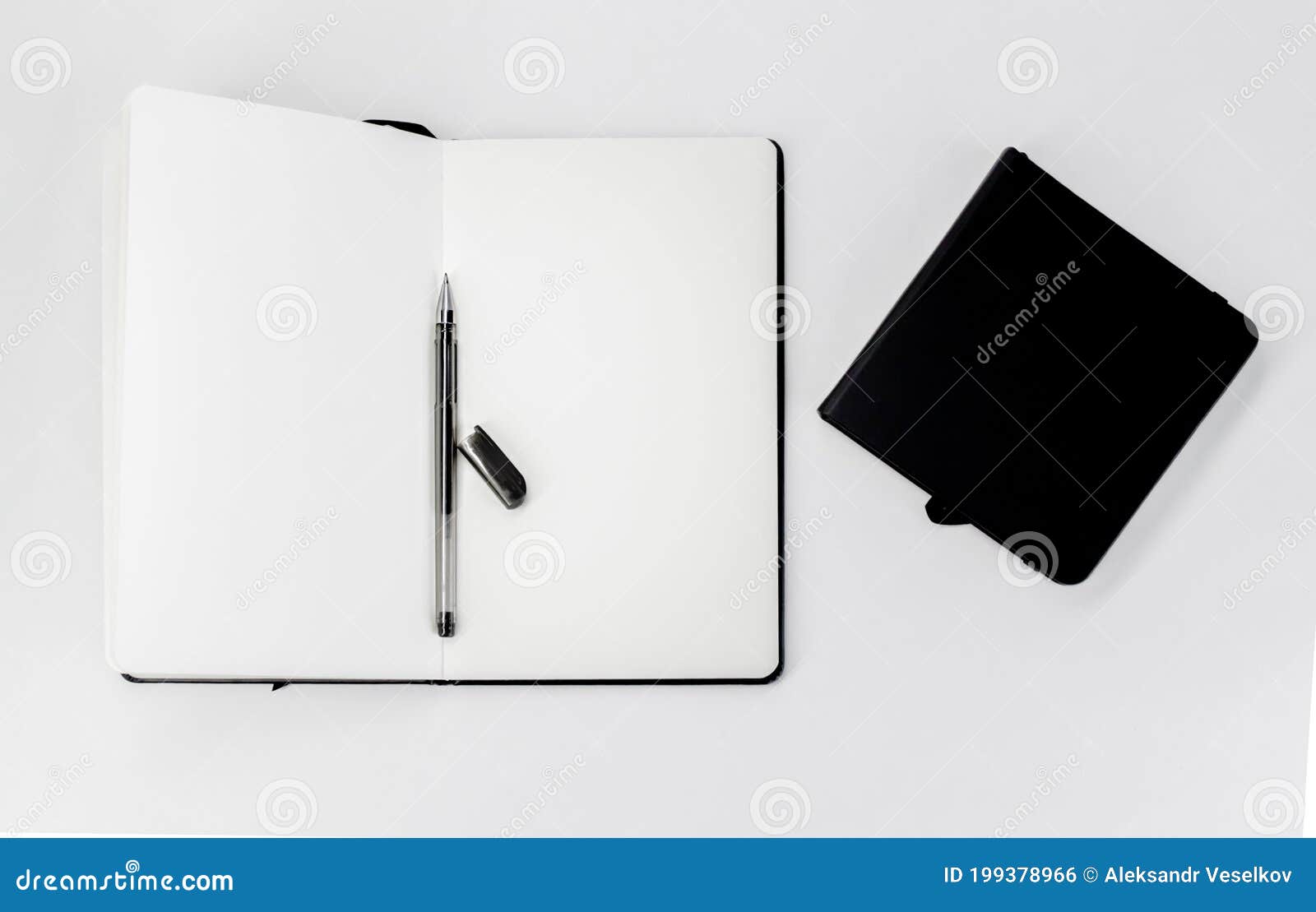 Two Black Notebooks. Small Closed Square Notepad and Large Open Unfold ...