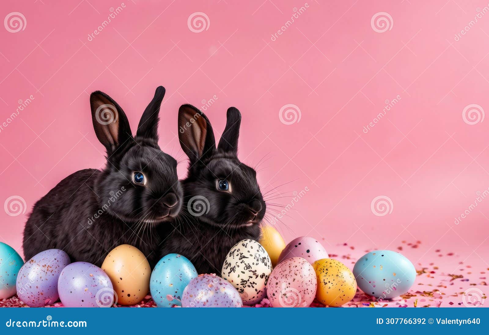 Two Black Rabbits Sit among Pastel Colored Eggs Creating Visually ...