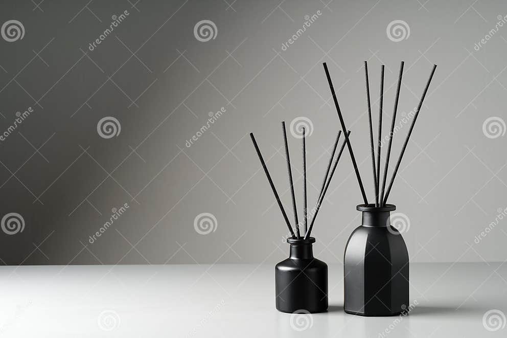 Two Black Reed Diffuser Bottles on a White Surface with Grey Background ...