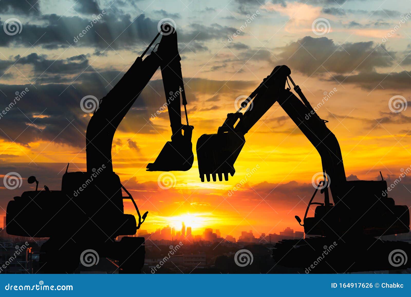 Two Black Silhouette of Backhoe Loader with Sunset Stock Photo - Image ...