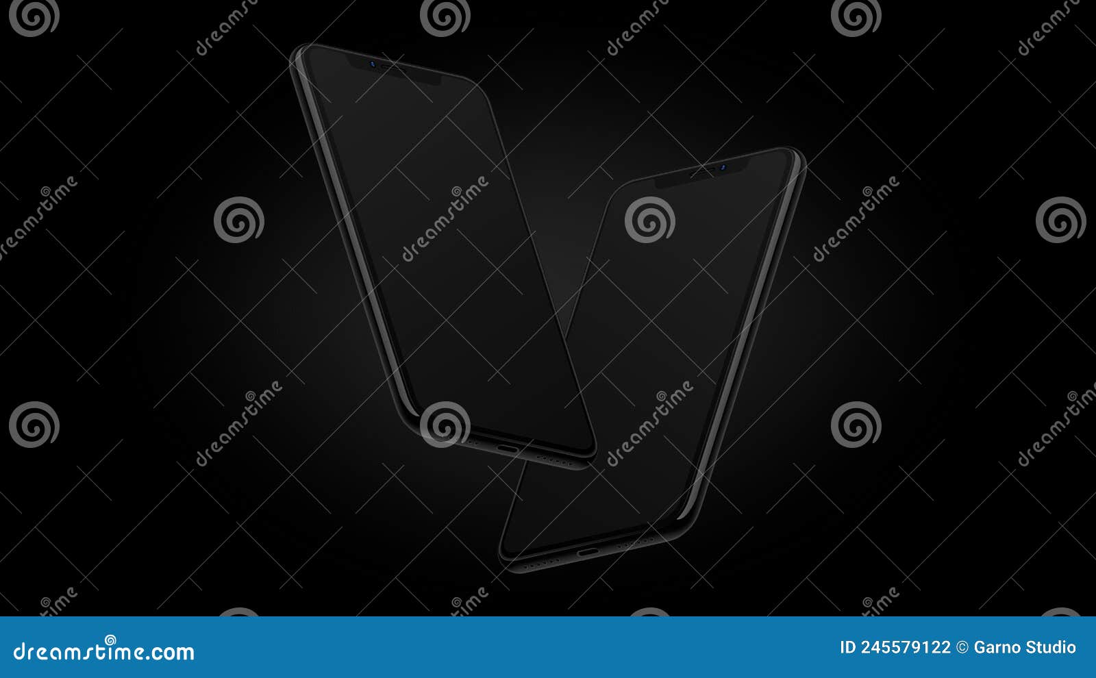 Two Black Smartphones in Diagonal Angle. Editable Dark Mockup Stock ...