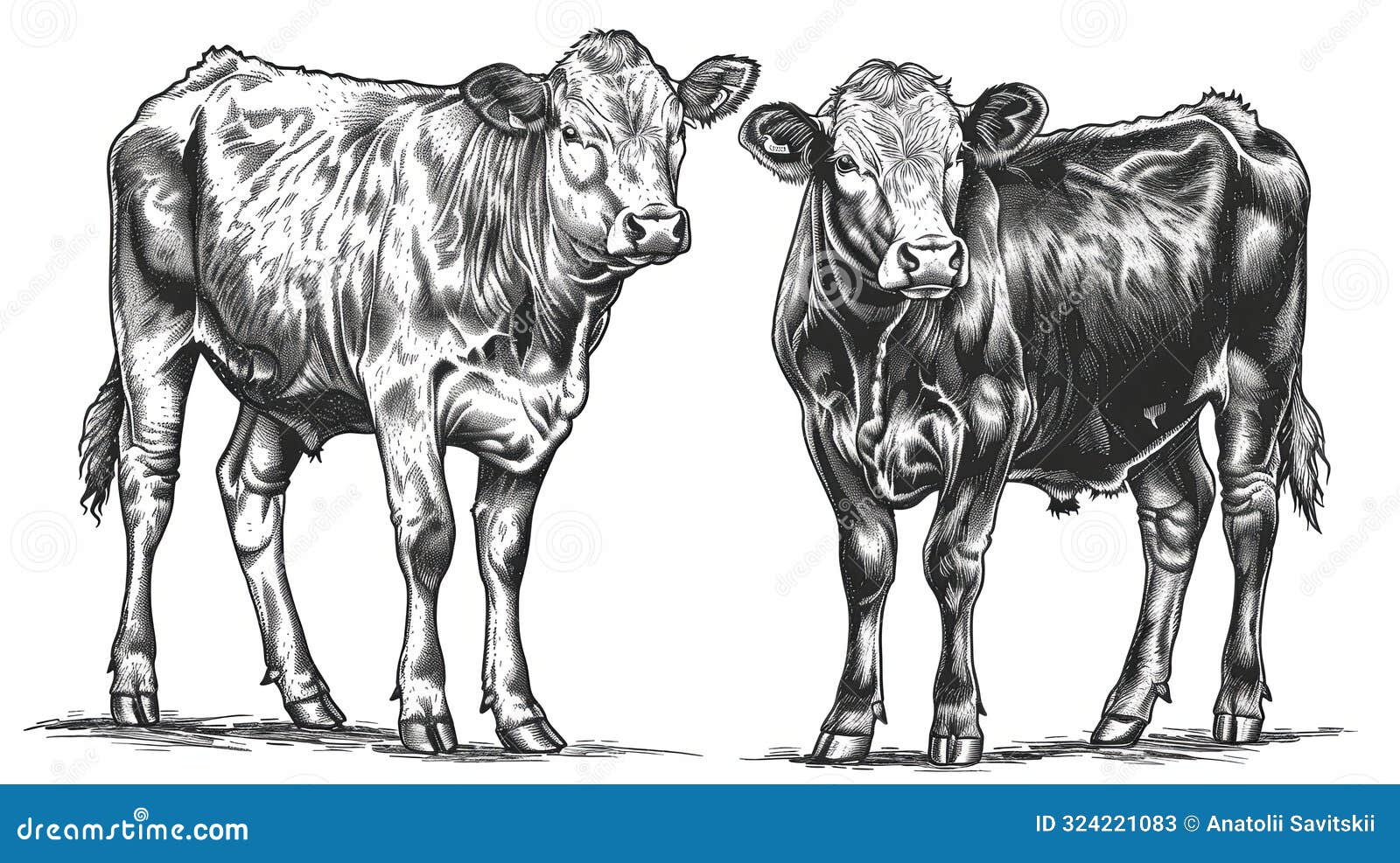 Two Black and White Line Drawings of Young Cattle, One on the Left ...