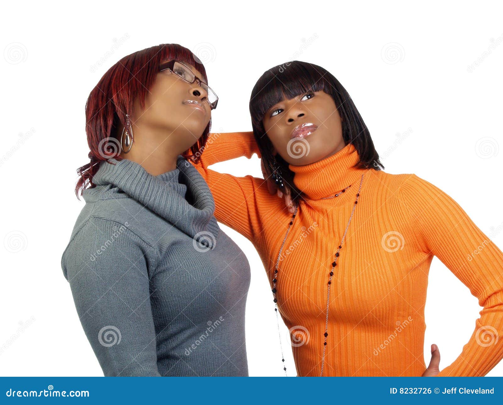 Two Black Women in Sweaters Looking Up Stock Photo - Image of earrings ...