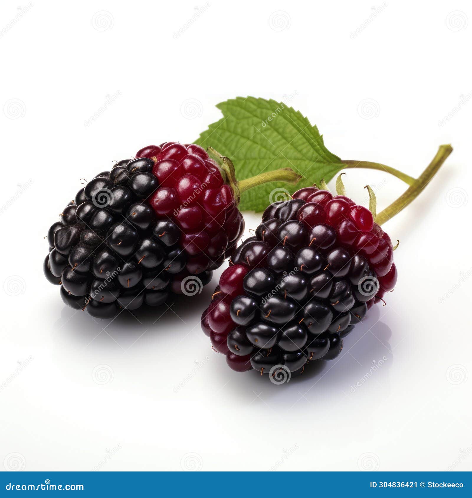 Bold Colorism: Two Blackberries with Leaf on White Background Stock ...