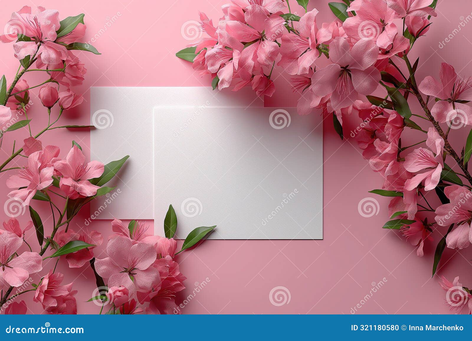Two Blank Cards on a Pink Background with Pink Flowers Stock ...