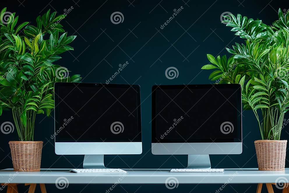 Two Blank Computer Screens on White Office Table with Green Plants in ...