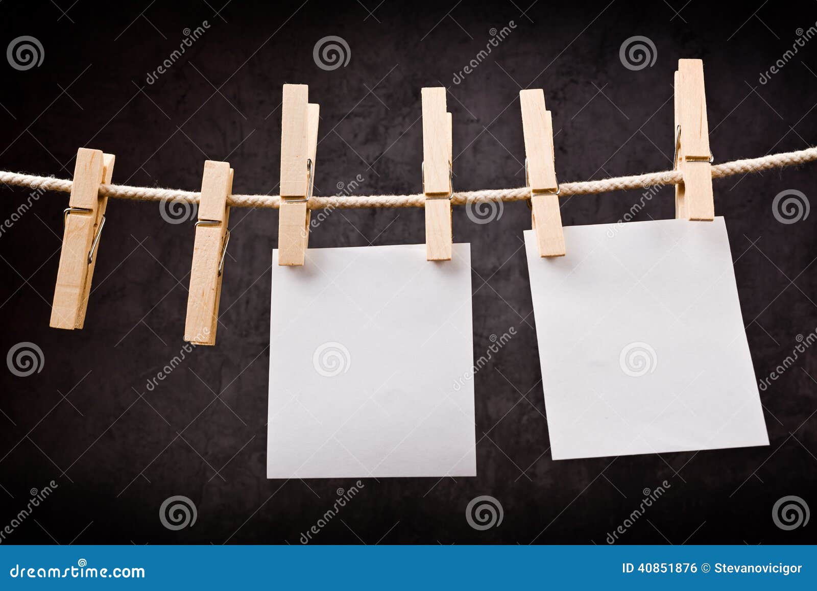 Two Blank Paper Notes Hanging on Rope with Clothes Pins Stock Photo ...