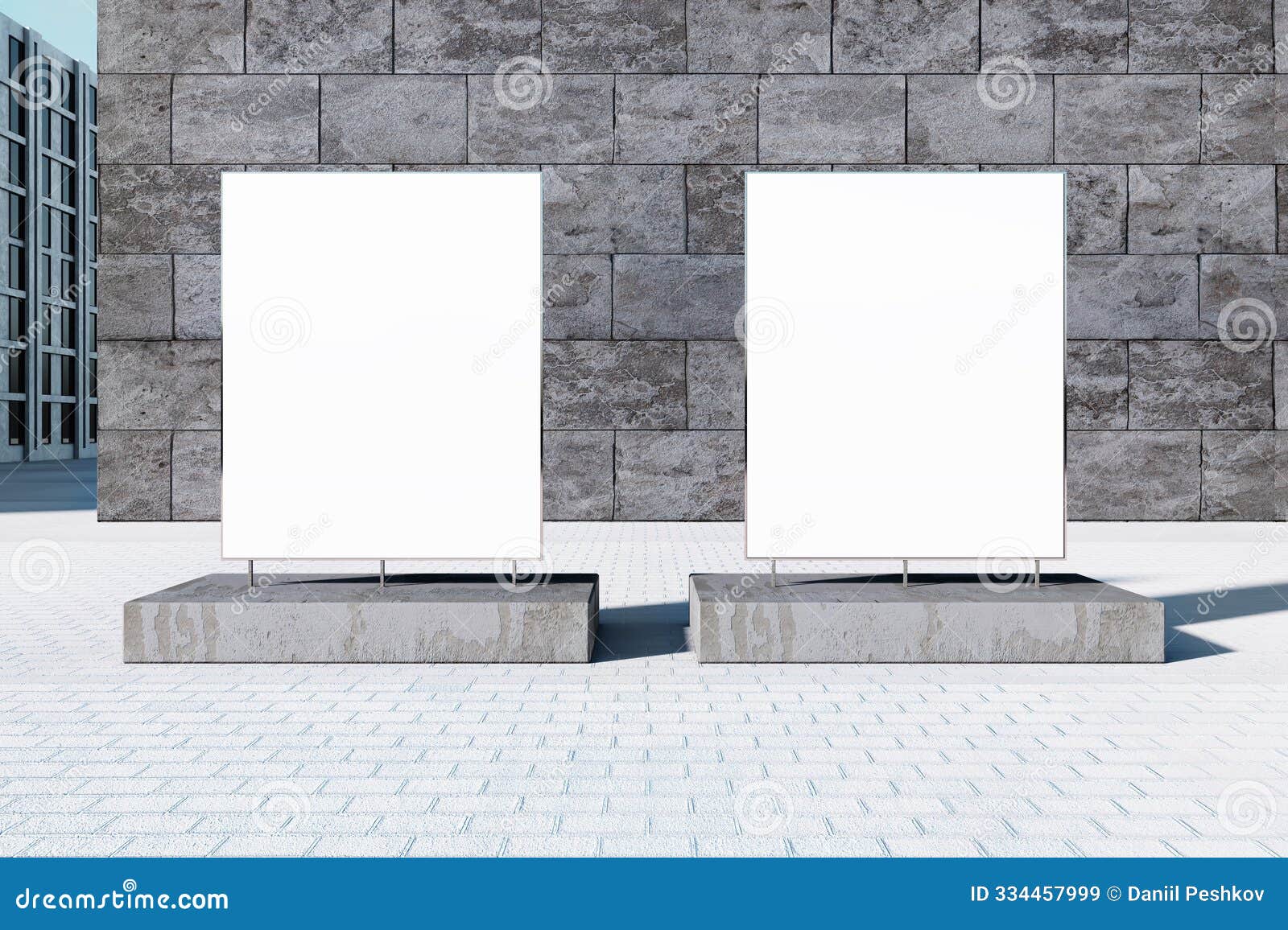 Two Blank Rectangular Billboards on a City Street with a Stone Wall ...