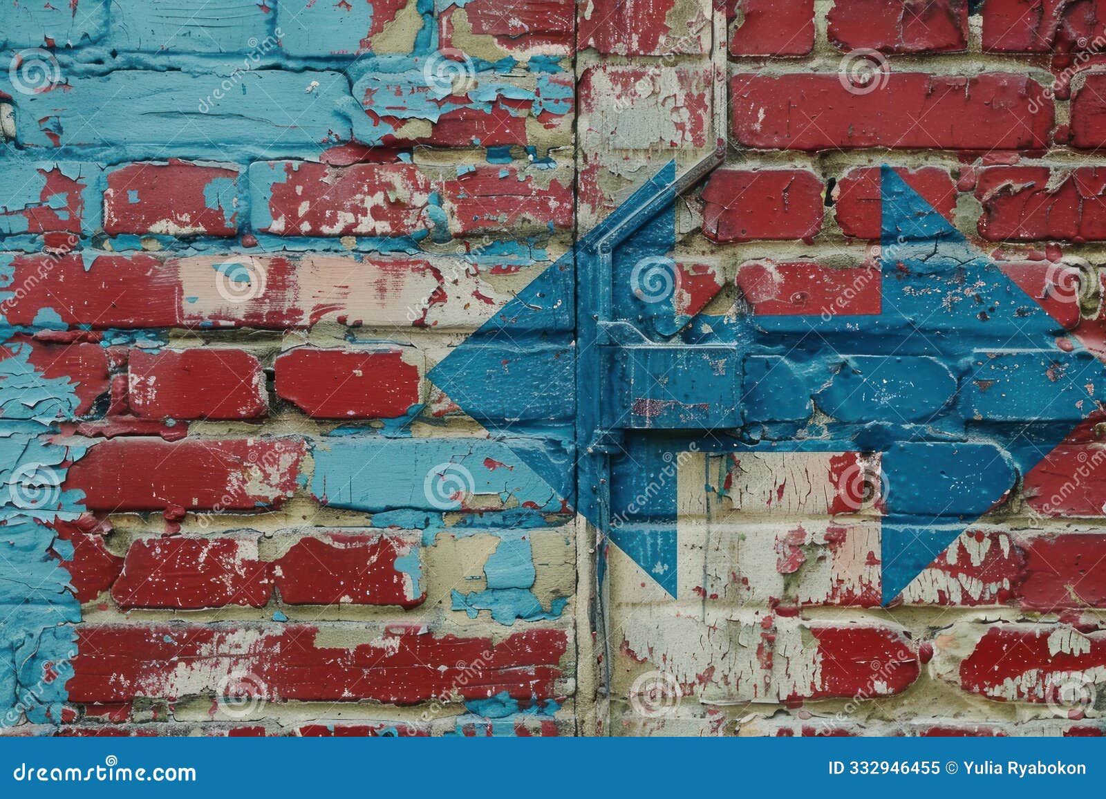 Two Blue Arrows Pointing at Each Other on a Red and Blue Brick Wall ...
