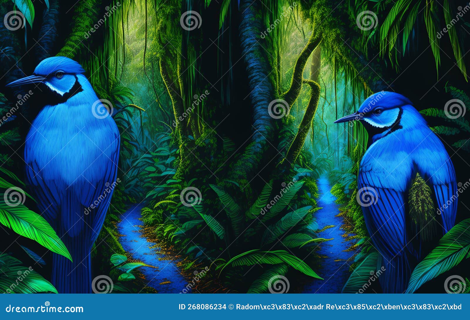 Two Blue Birds and Blue Path in the Jungle. Generative Al Illustration ...