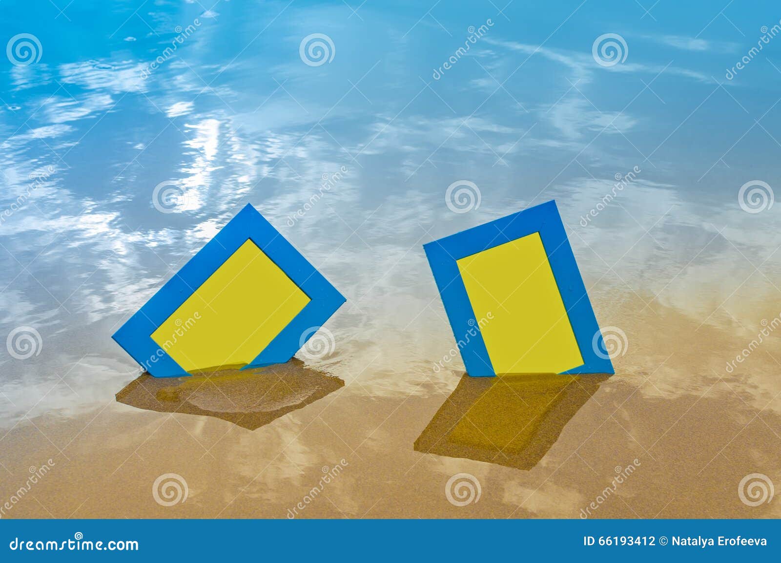 Two Blue Blank Photo Frames on the Sand Beach Stock Photo - Image of ...