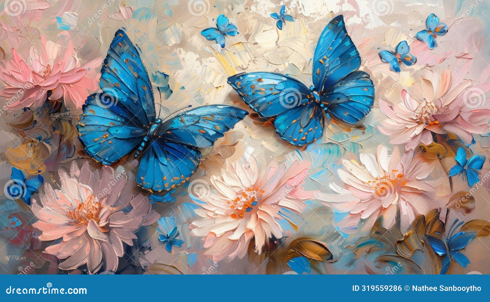 Two Blue Butterflies Flutter among Pink and White Flowers Stock ...