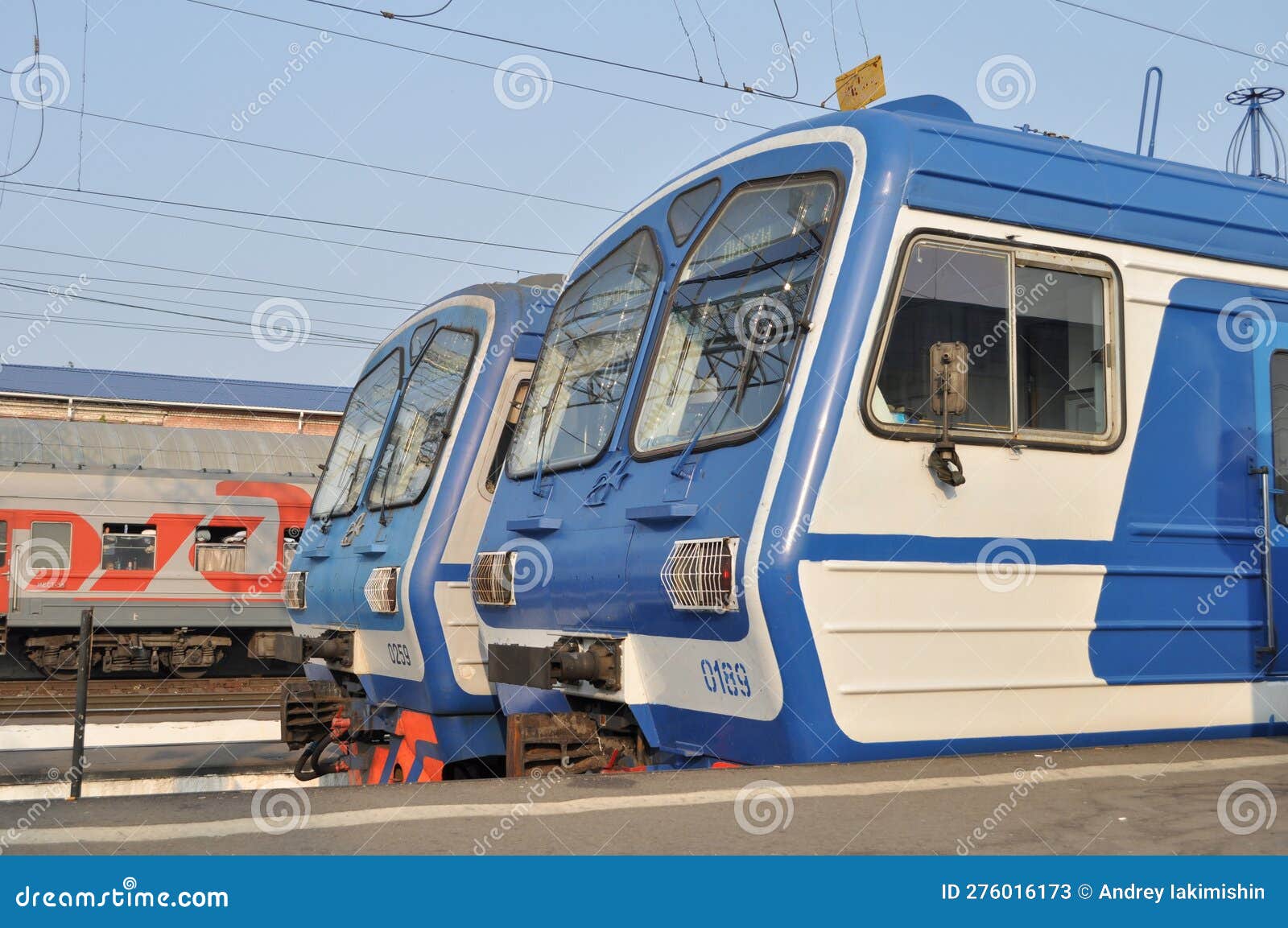 Two Blue Commuter Train at the Railway Station Stock Image - Image of ...