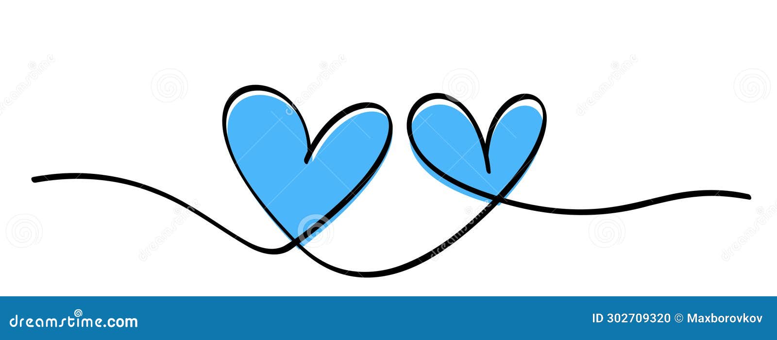 Two Blue Hearts Continuous Wavy Line Art Drawing on White Background ...