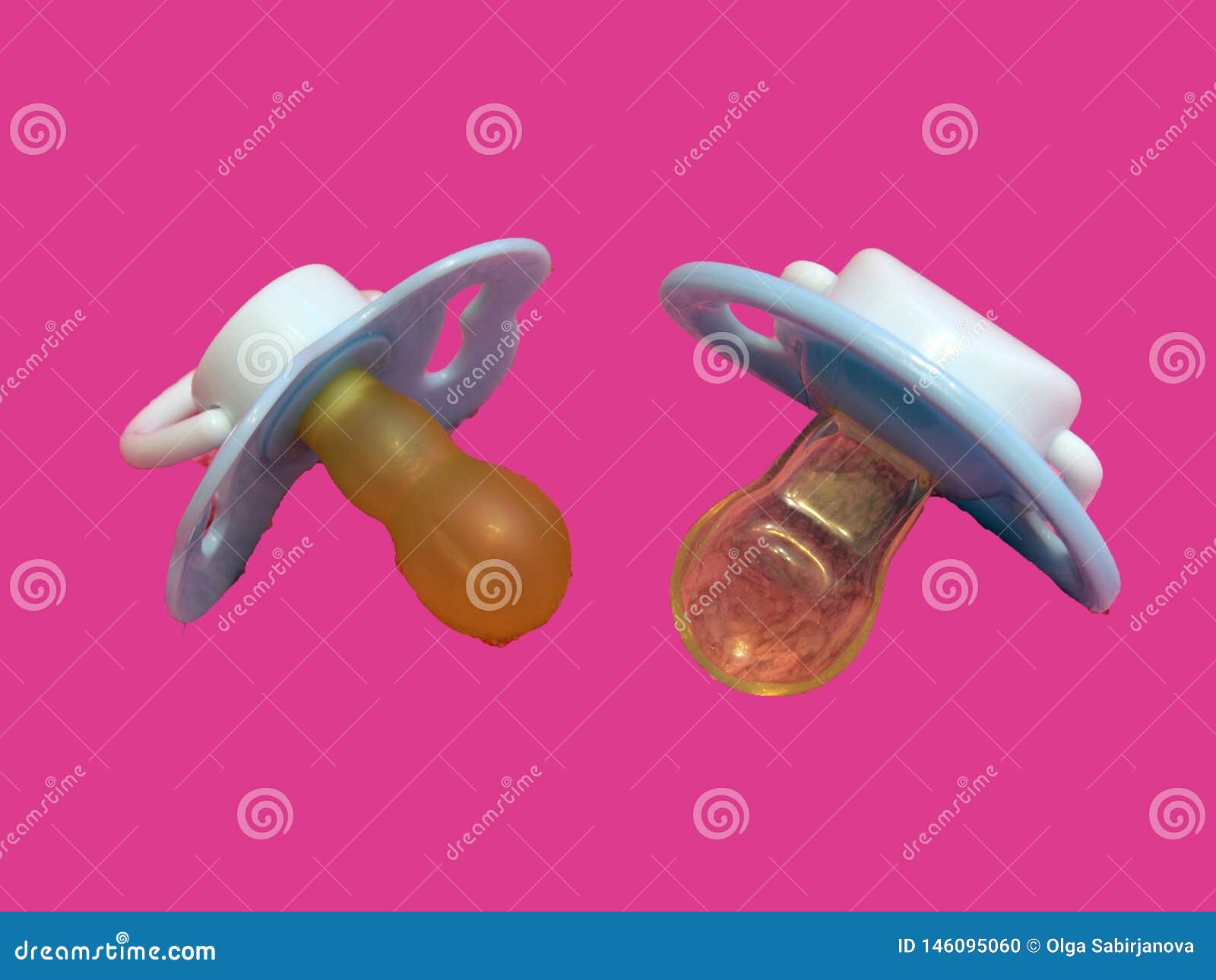 Two Blue Pacifiers on Pink Background, Isolated Object Stock ...