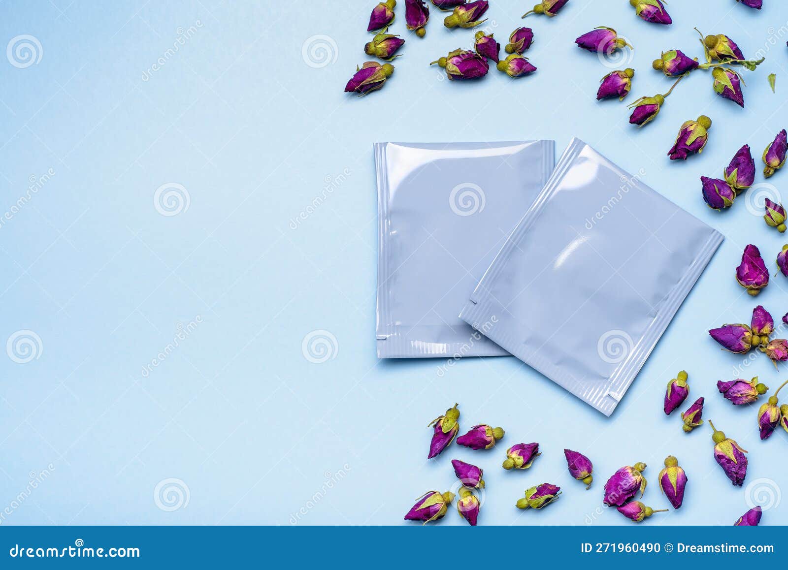 Two Blue Plastic Tea Bag Sachets or Envelopes with Dry Rosebuds Stock ...