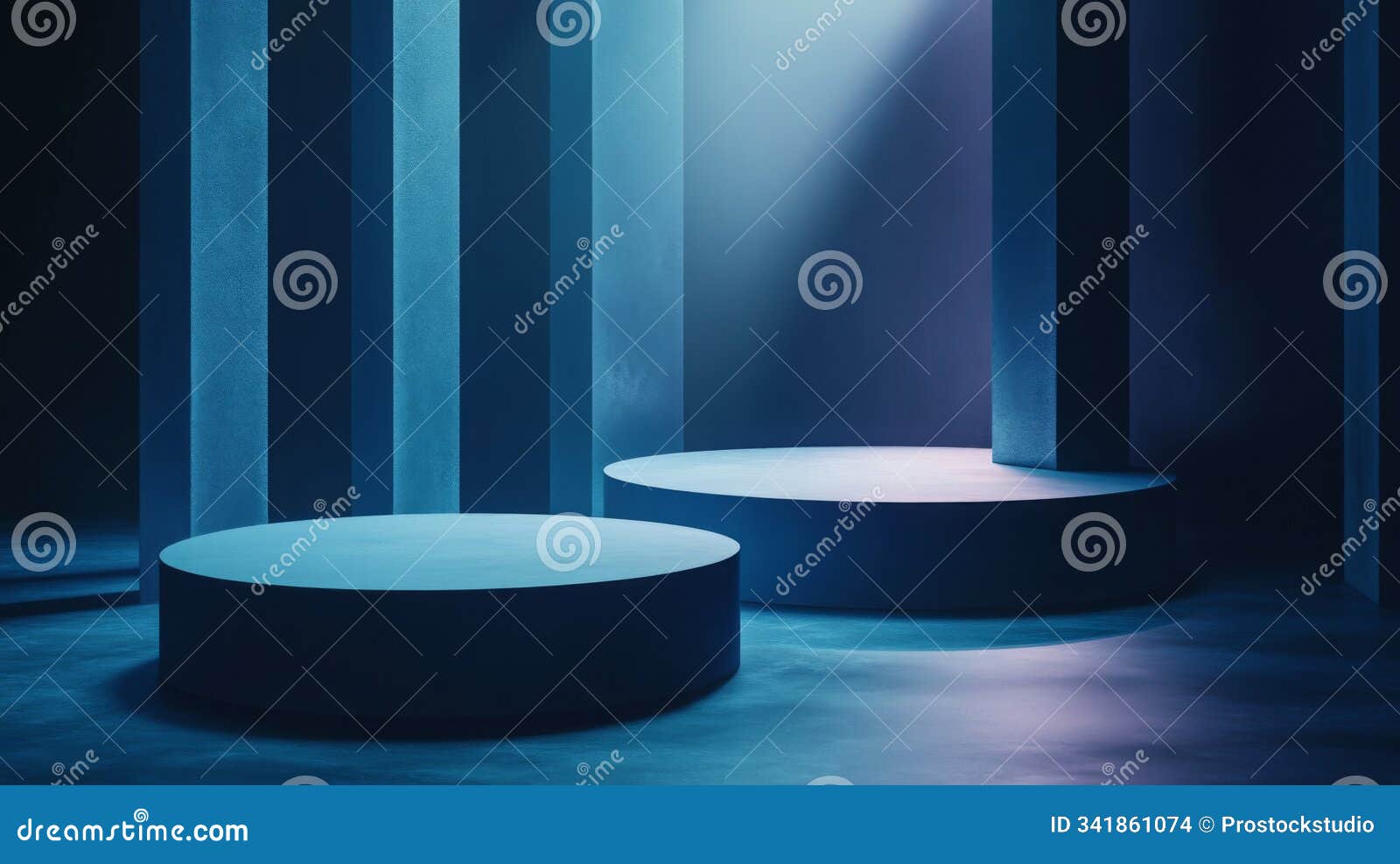 Two Blue Platforms Sit in Front of a Wall of Blue Pillars Stock Photo ...