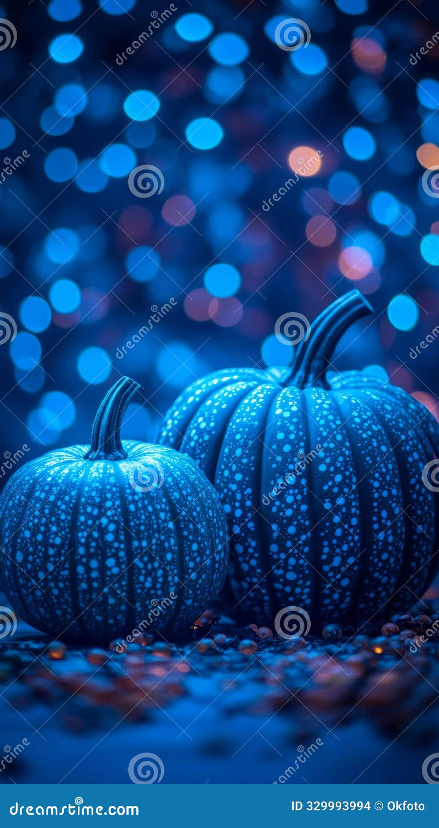 Two Blue Pumpkins with White Dots are Placed on Blue Glitter ...