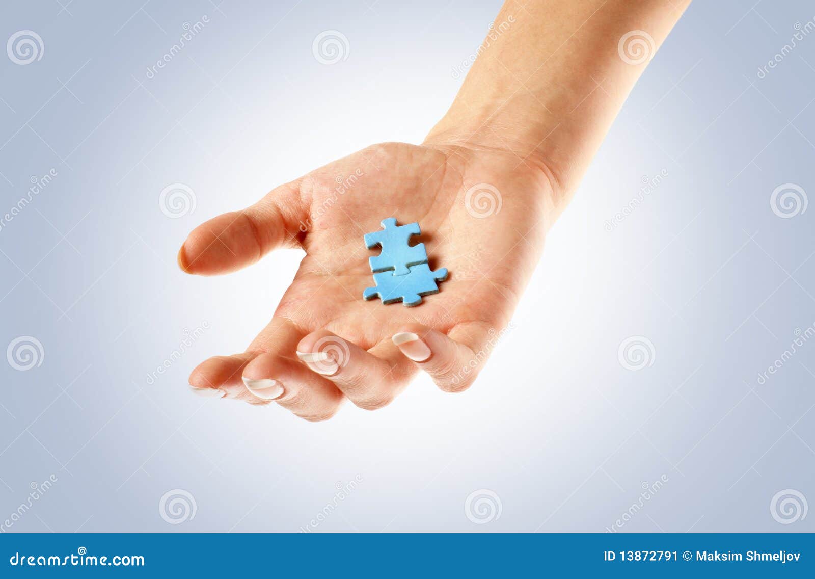 Two Blue Puzzle Pieces on a Hand Stock Image - Image of play, female ...