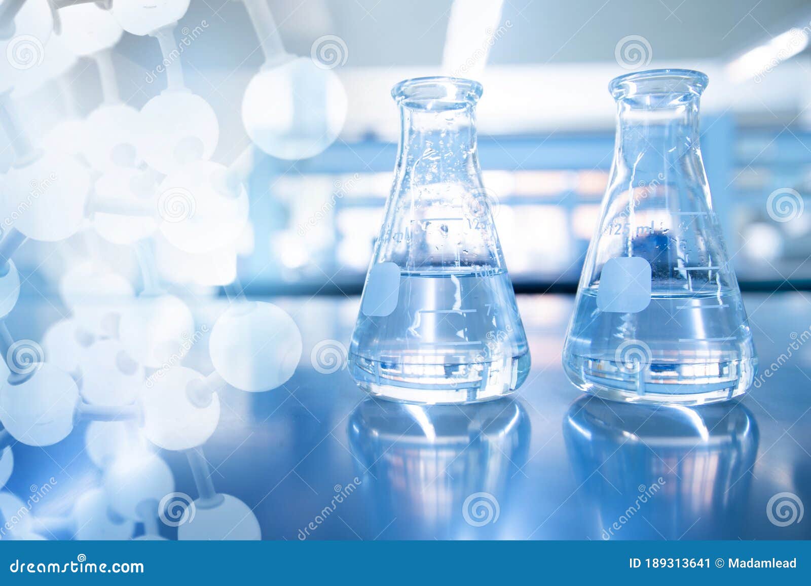 Two Blue Science Flask with Chemistry Molecular Structure in Blue ...