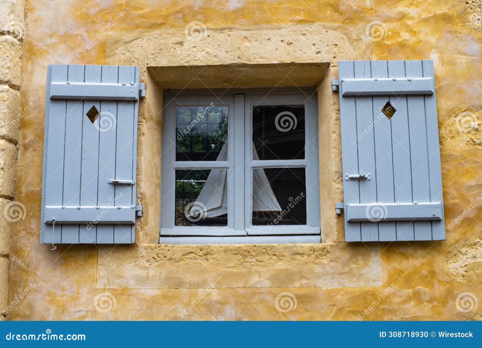 Two Blue Shuttered Windows with a Sail in Them are Open Stock Photo ...