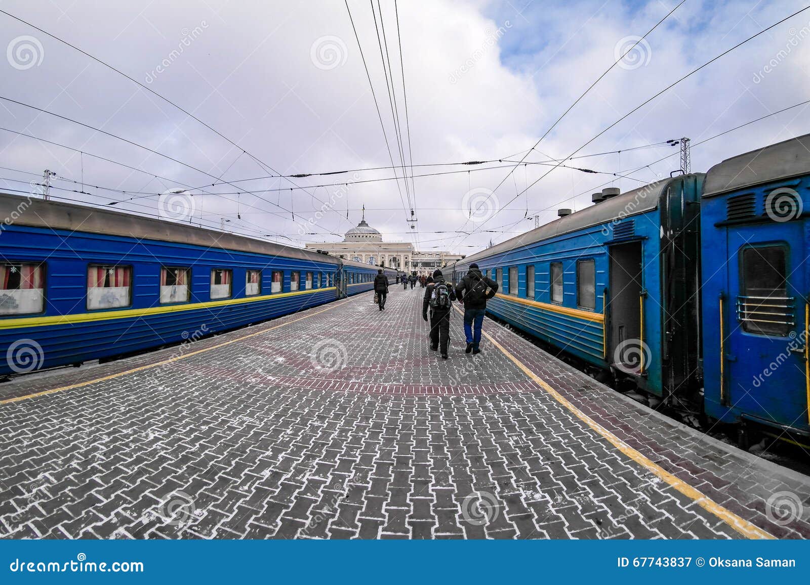 Two Blue Trains on Train Station Platform in the Winter Editorial ...