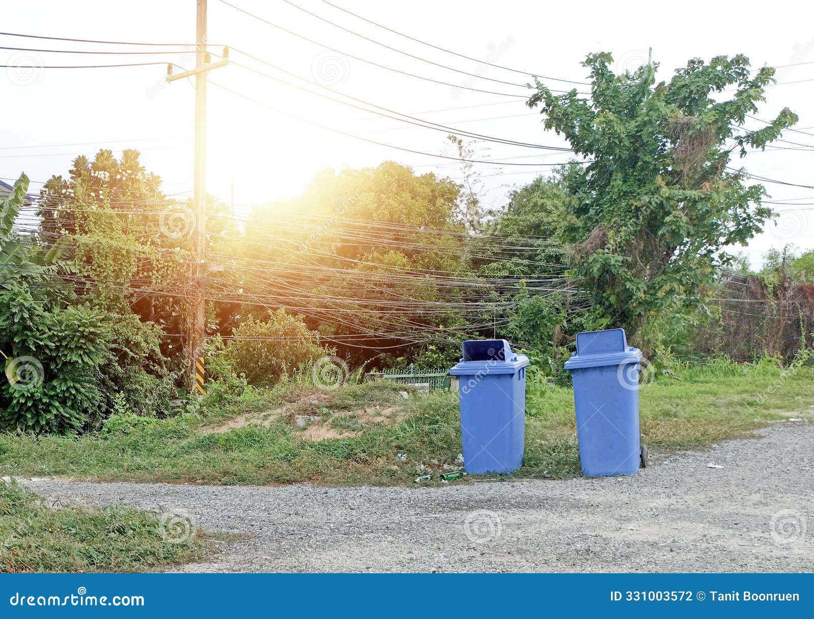 Two Blue Trash Cans Stand on the Side of the Road Stock Photo - Image ...