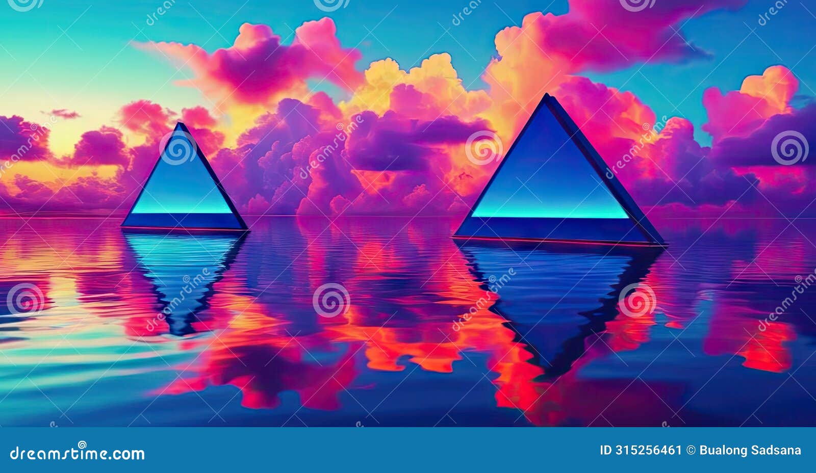 Two Blue Triangles are Floating on the Water in Front of a Beautiful ...