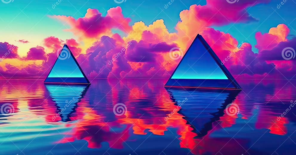Two Blue Triangles are Floating on the Water in Front of a Beautiful ...