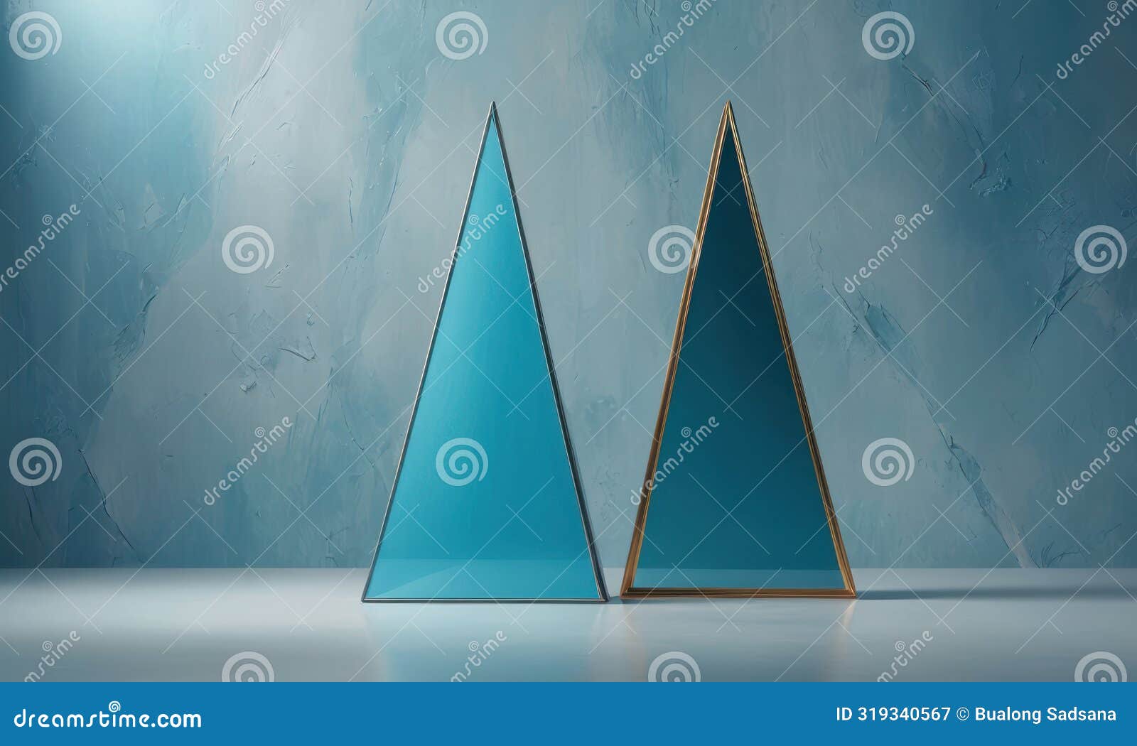 Two Blue Triangles are Standing Next To Each Other on a White Surface ...