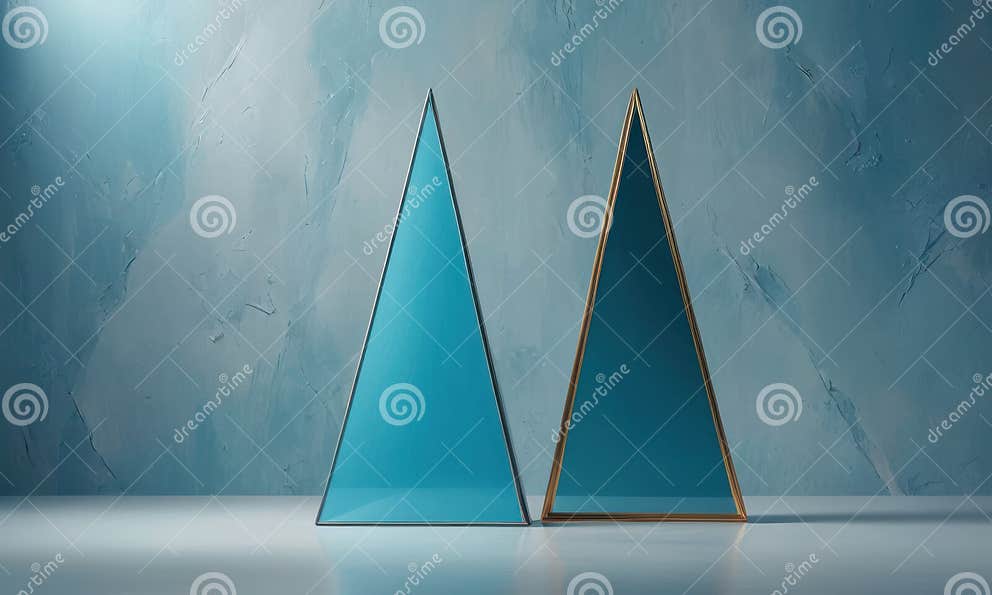 Two Blue Triangles are Standing Next To Each Other on a White Surface ...