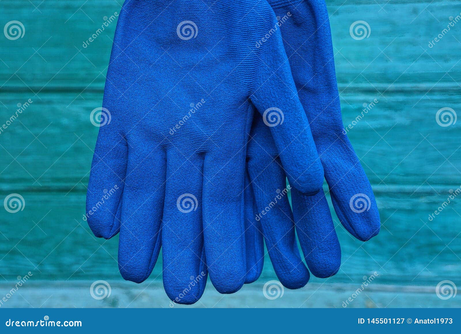 Two Blue Work Gloves Hanging Against a Green Wall Stock Image - Image ...