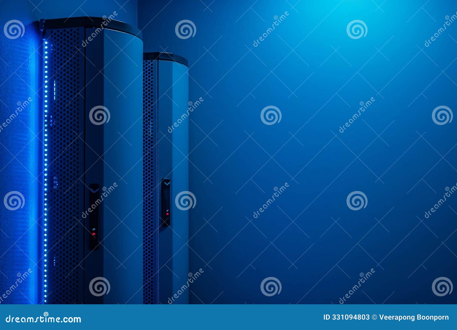 Two Bluelit Servers, Small Data Box, Cyber Security Concept, Ample Text ...