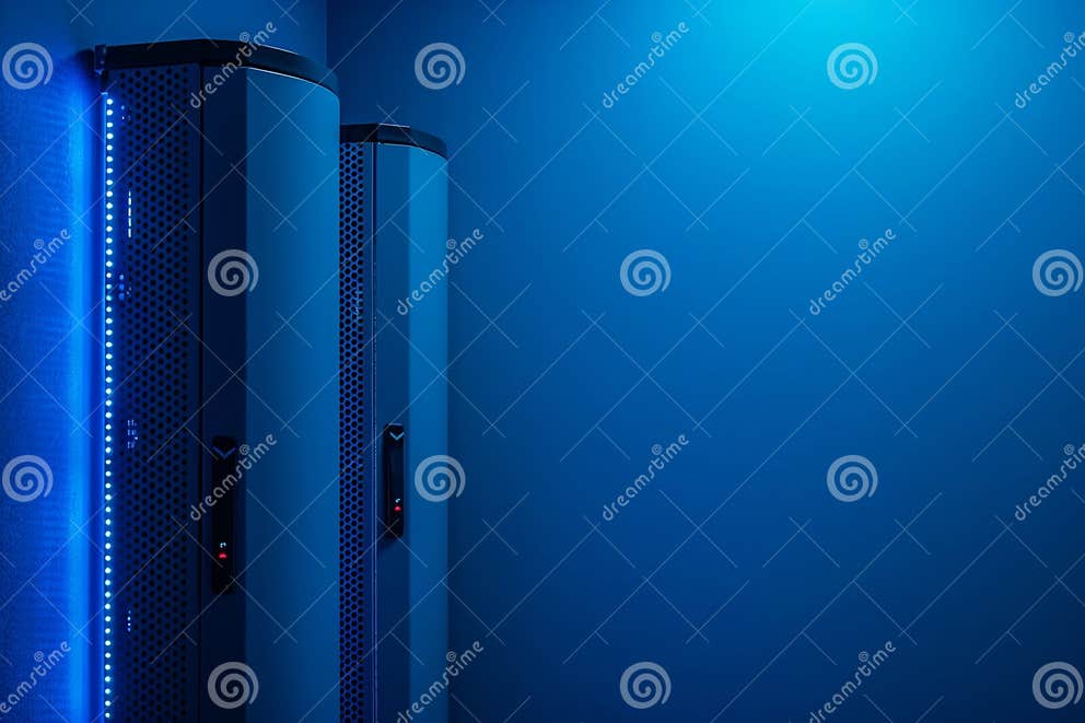 Two Bluelit Servers, Small Data Box, Cyber Security Concept, Ample Text ...