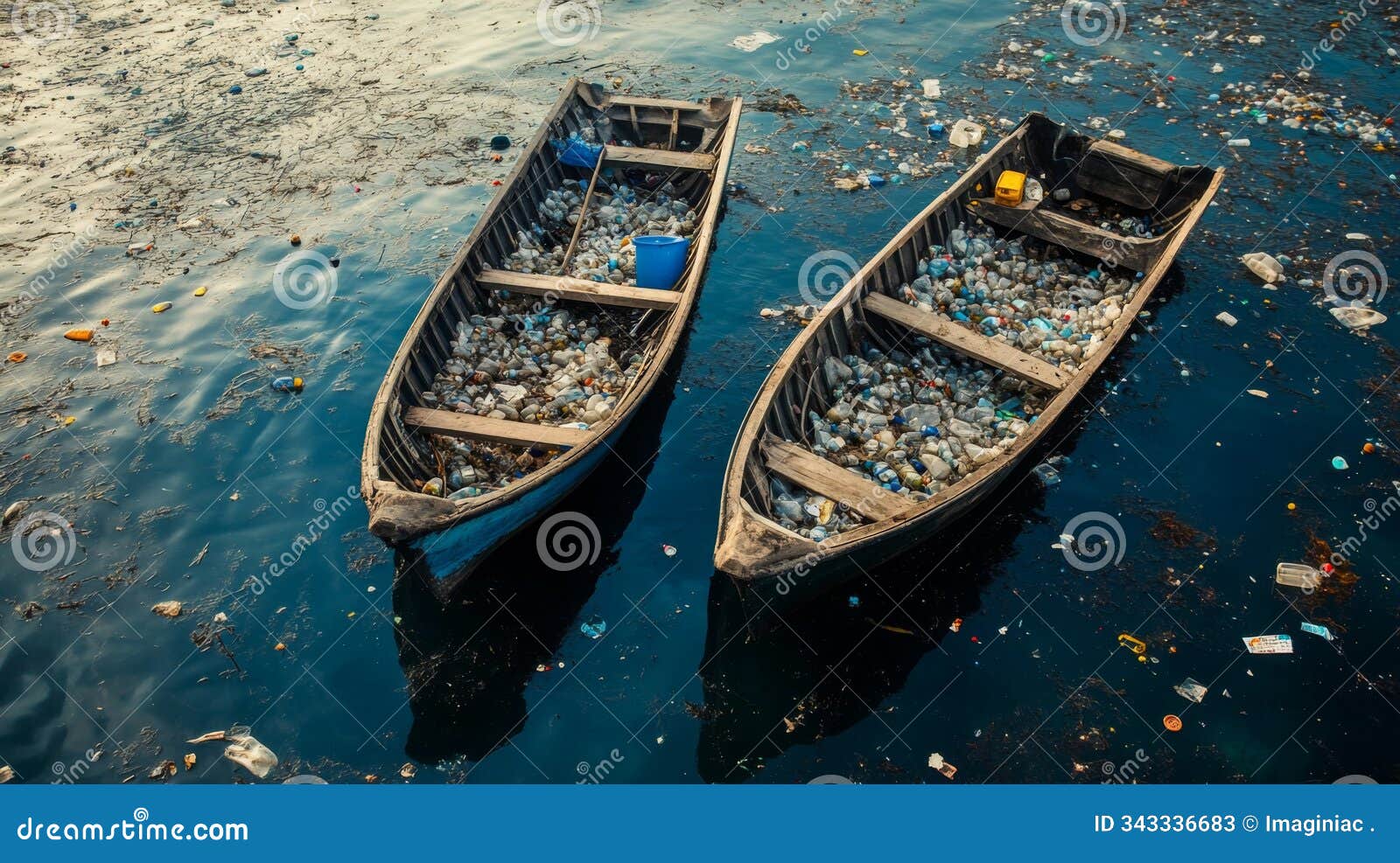 Two Boats Filled with Plastic Waste in a Polluted Sea Stock ...
