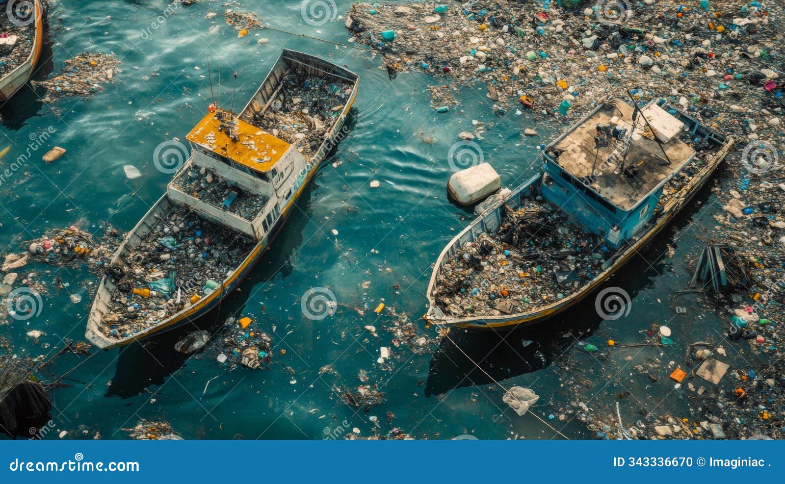 Two Boats Submerged in Plastic Waste in a Blue Ocean Stock Illustration ...