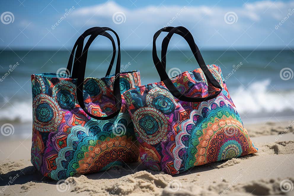 Two Boho Style Psychedelic Bags Placed on a Sandy Beach with a Backdrop ...