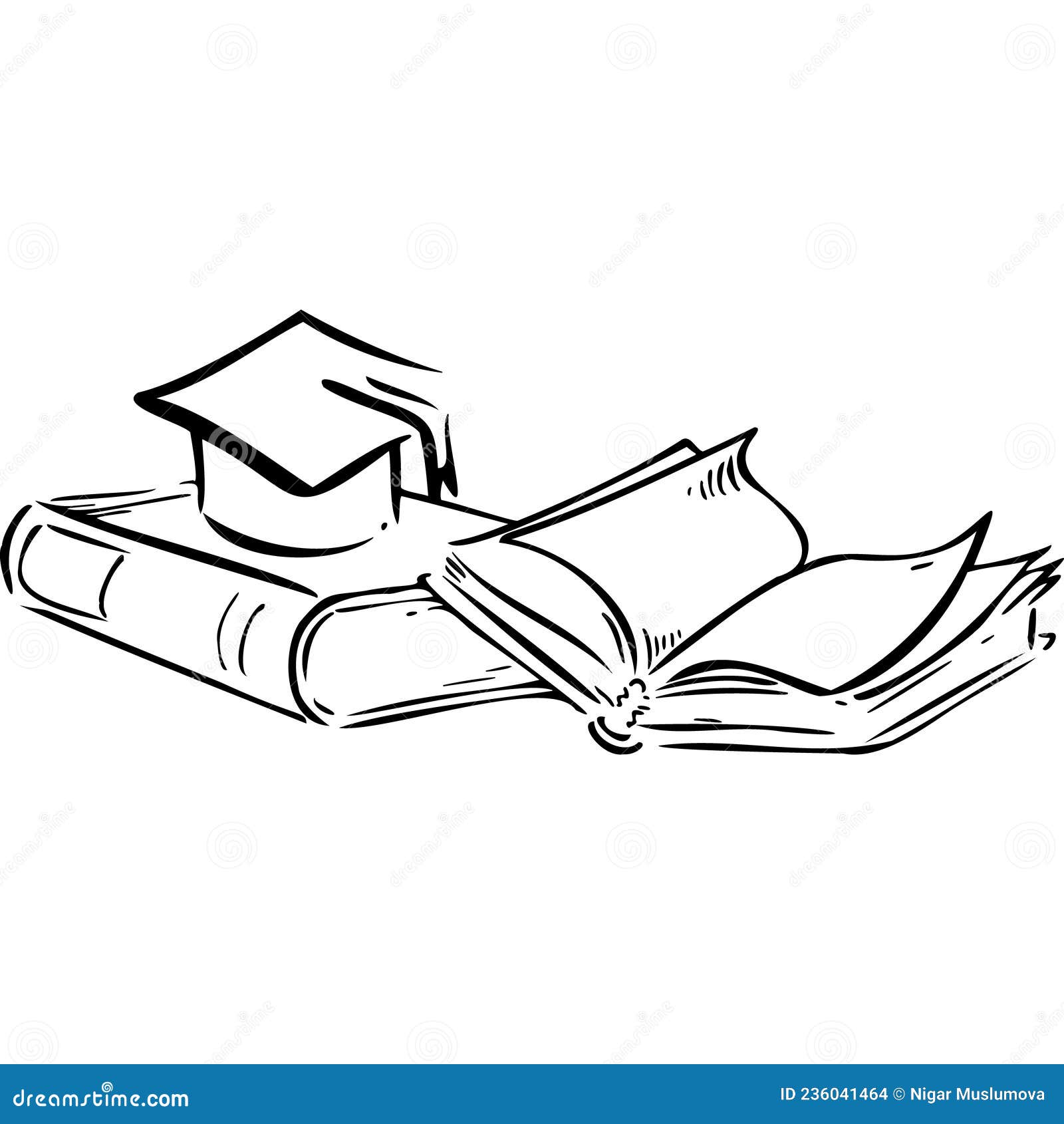 Two Books, One of Which is Open and a University Cap Sketch Vector ...